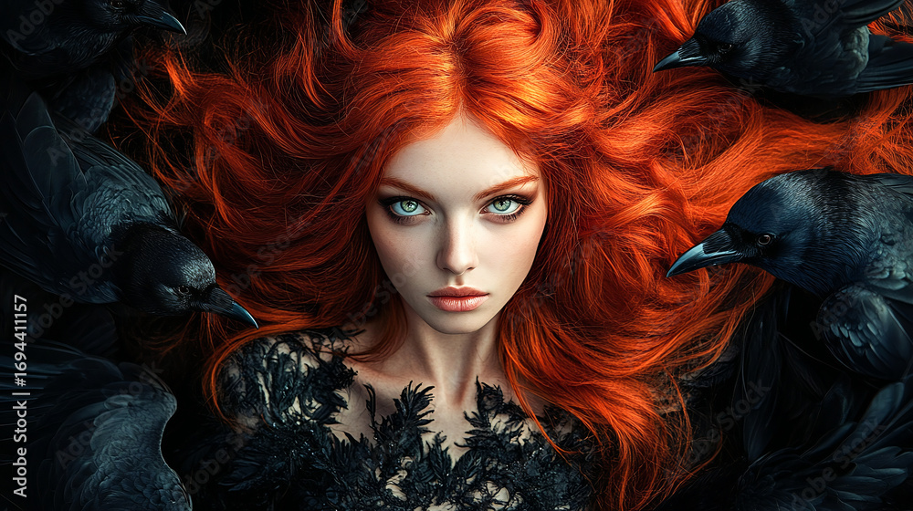 Dark Phoenix Woman With Red Hair Among Raven Birds, Beautiful Ginger ...