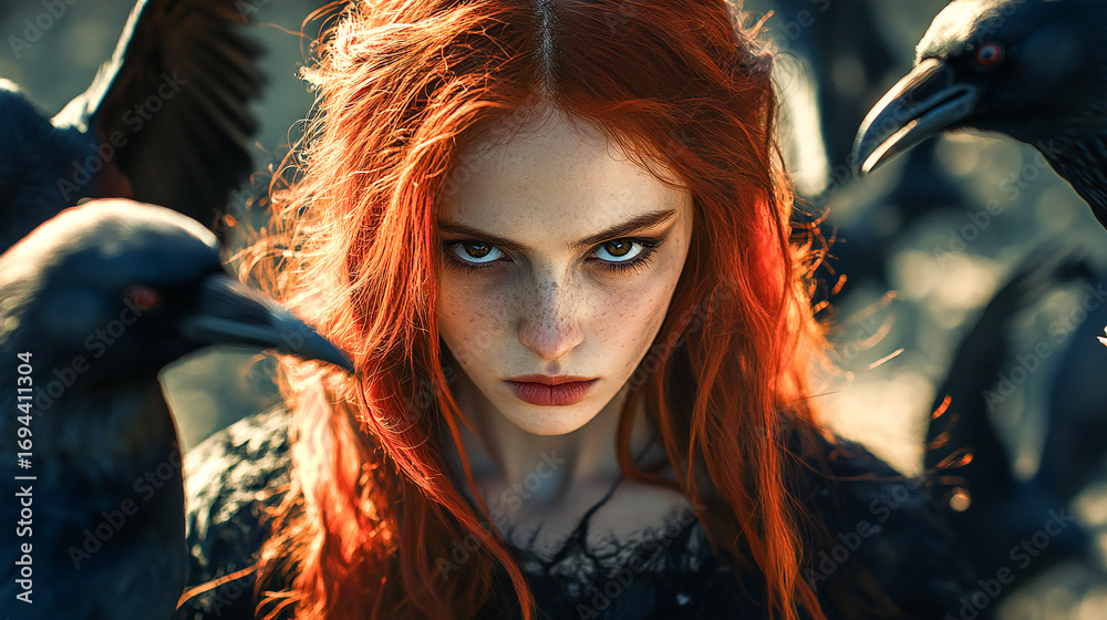 Dark Phoenix Woman With Red Hair Among Raven Birds, Beautiful Ginger ...