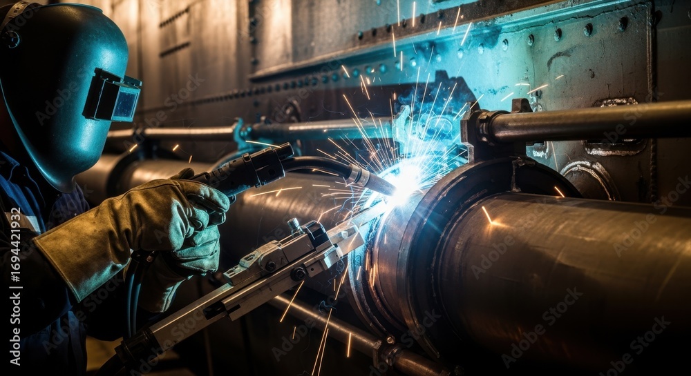 Welder applying orbital welding on submarine pipeline segments ...