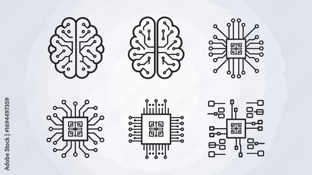 Set of line art icons representing artificial intelligence, machine ...