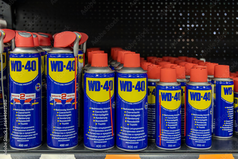 VARNA, BULGARIA - OCTOBER 24, 2024: WD-40 on supermarket shelf. Multi ...