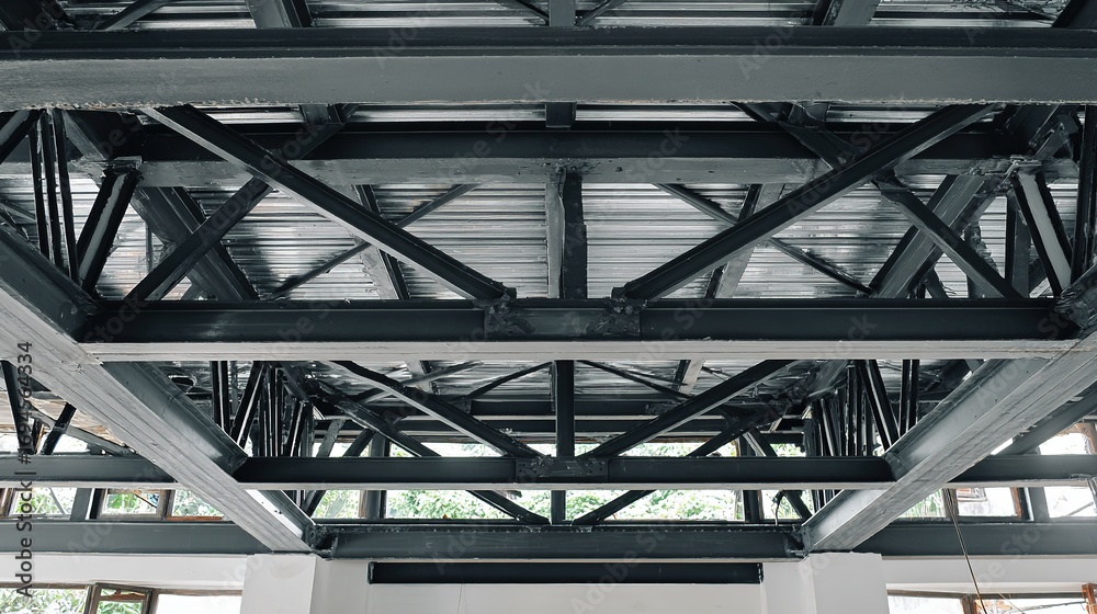 Steel frame structure in progress, beams and supports forming a clean ...