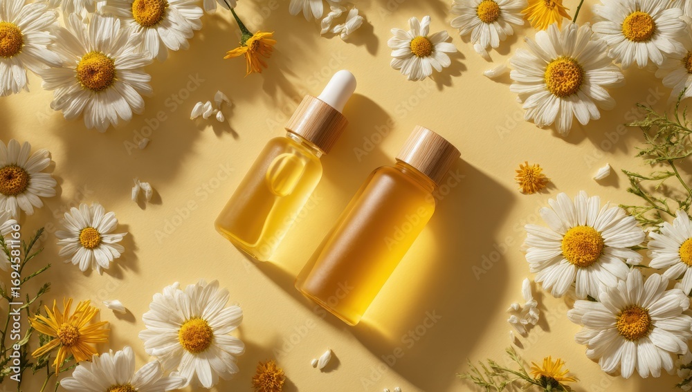Delicate chamomile buds with pale yellow petals lie beside bottles of ...