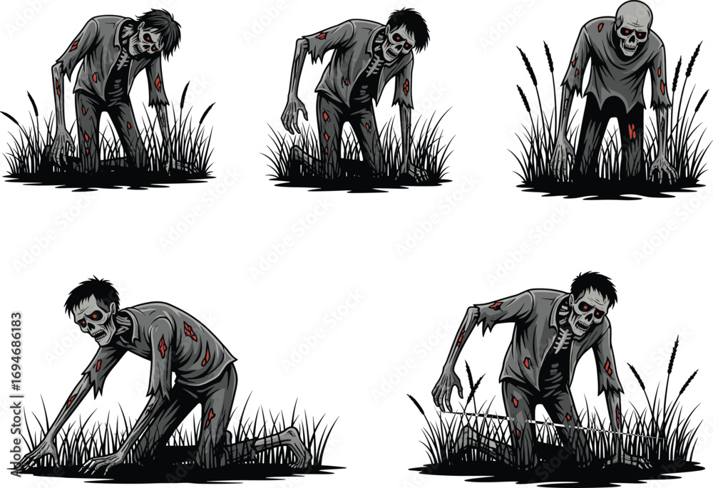 Zombie and skeleton horror characters in swamp, creepy undead monsters ...
