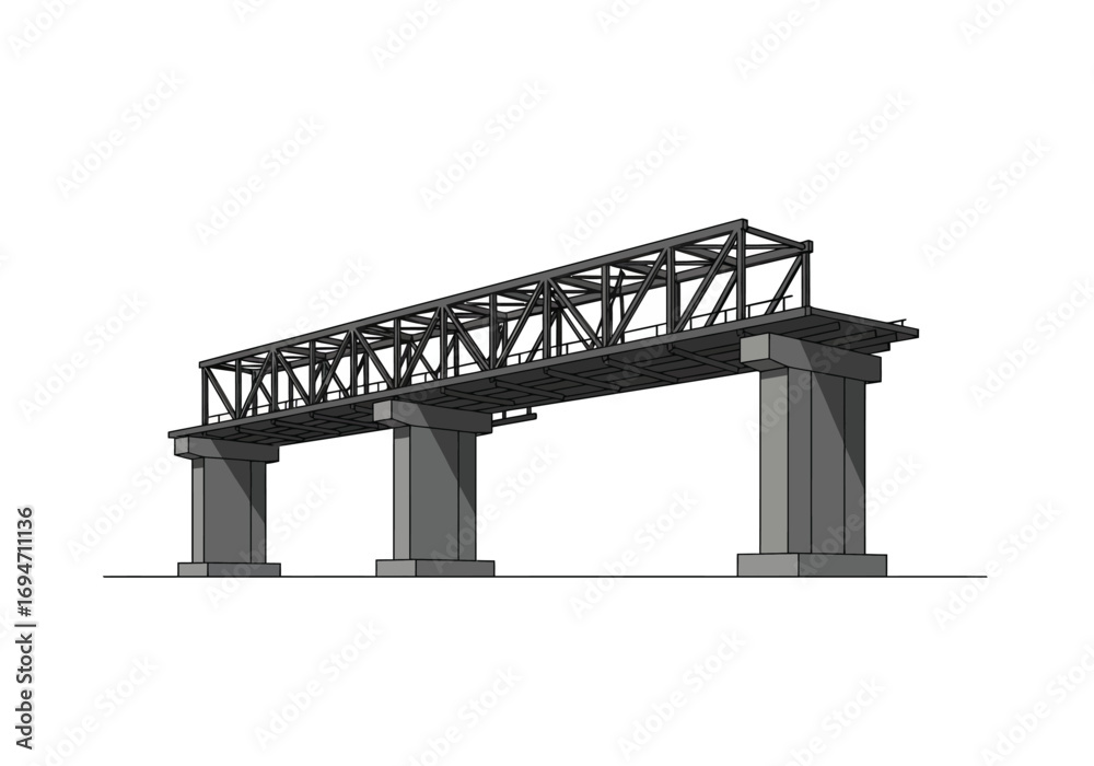 Gray bridge with trusses atop concrete pillars spanning a horizontal ...