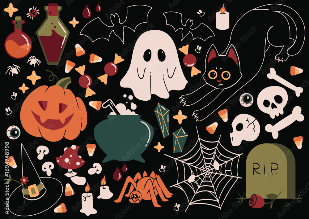 Cute Halloween clip art collection with characters, skeletons, pumpkins ...