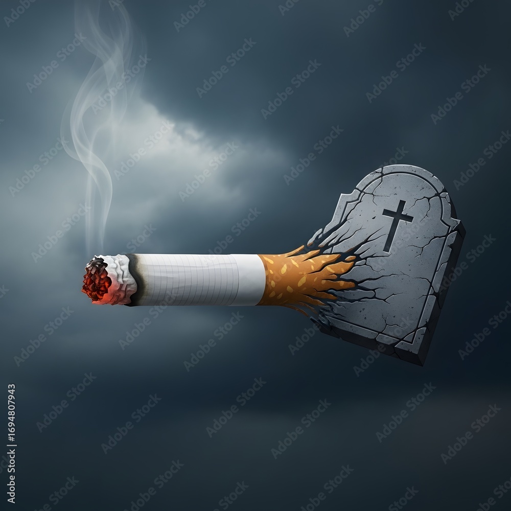 Burning Cigarette Transforming Into Cracked Grey Tombstone on Dark ...