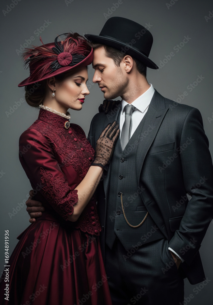 Edwardian couple early 20th century, woman in burgundy gown with hat ...