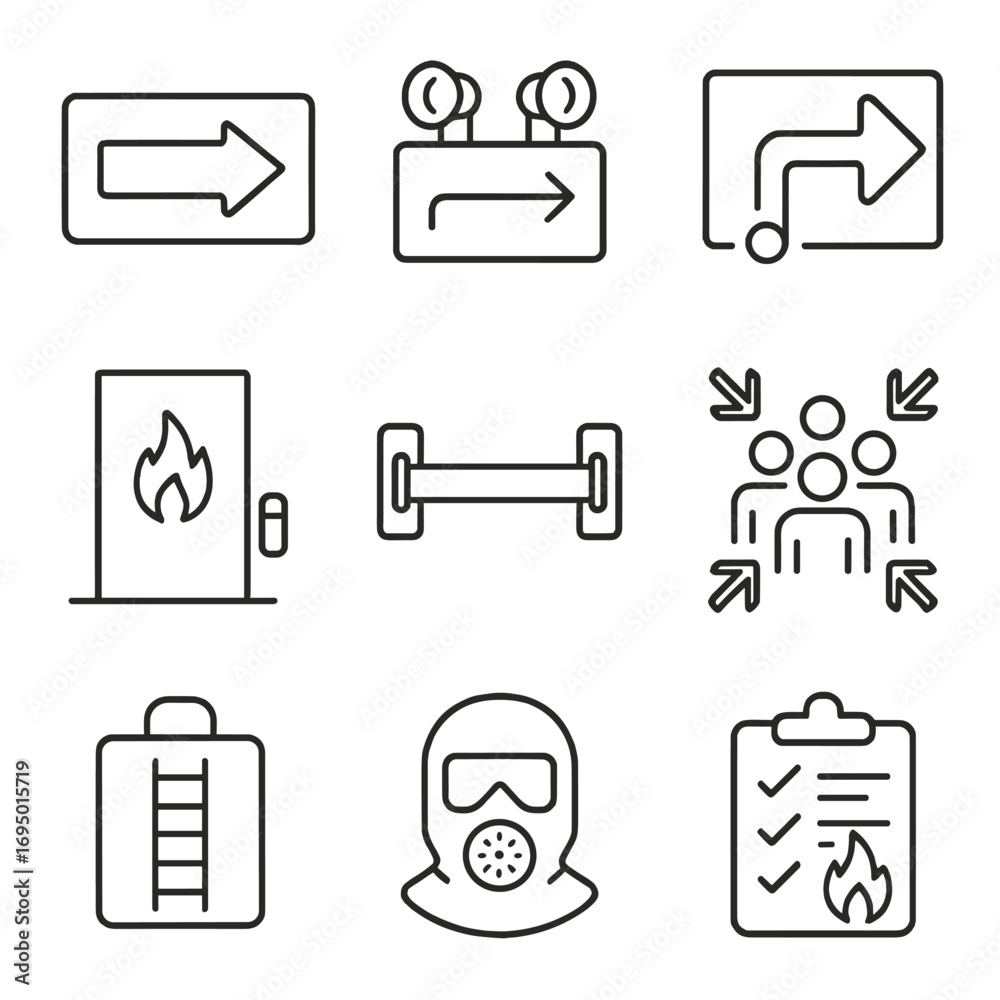Praca wektorowa bez tantiem: Fire Escape Icons. Line style icons of ...