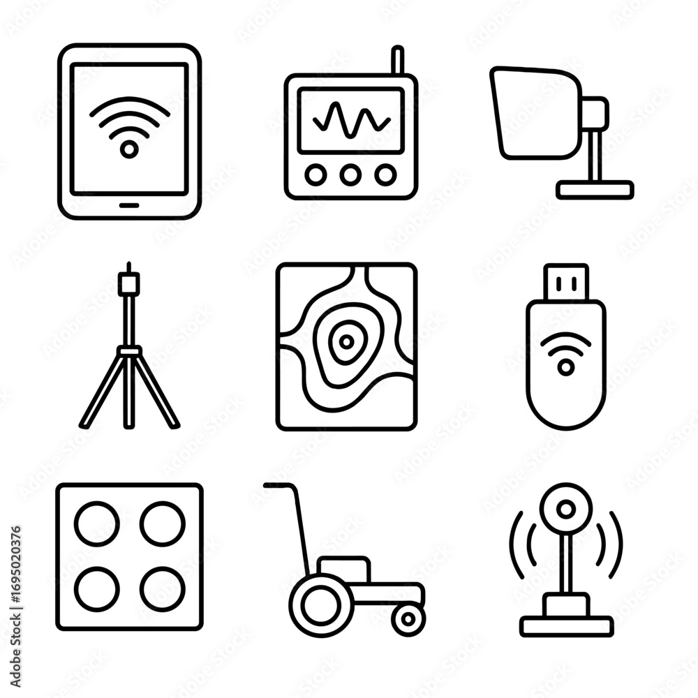 Wireless Survey Equipment Icons. Outline style icon of Wireless Site ...