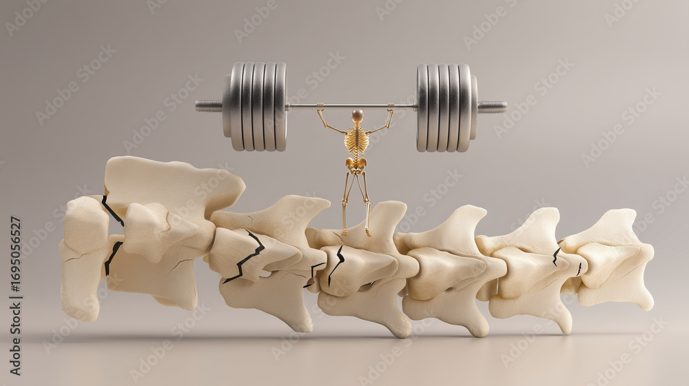 Small Figure Lifting Heavy Weight on a Cracked Human Spine Model with ...