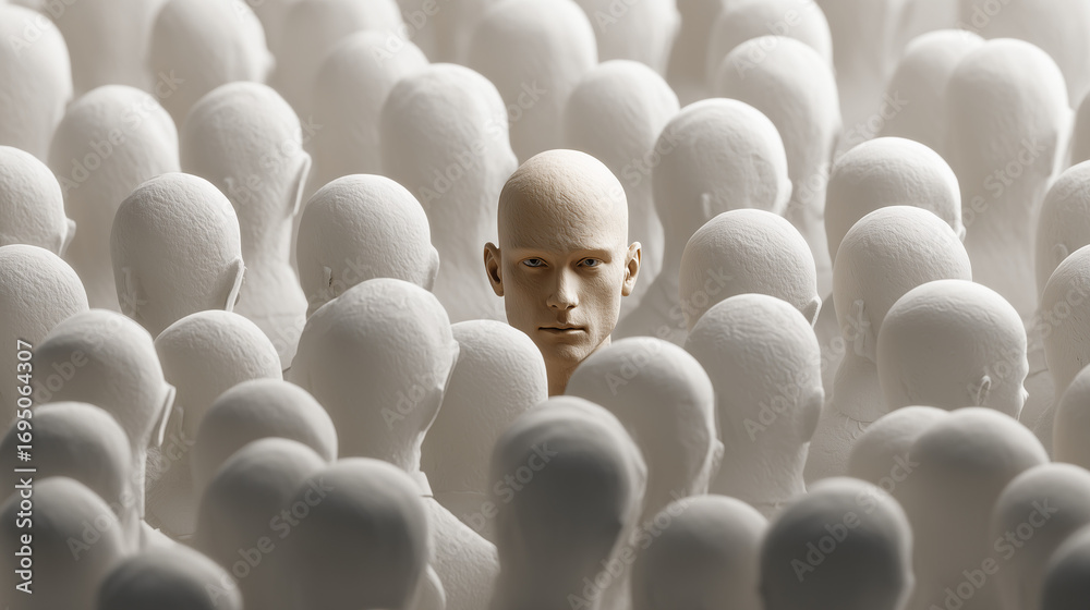 Realistic Human Face Standing Out from a Large Crowd of Identical White ...