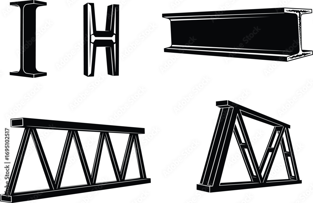 Vector silhouette icons of steel beams and trusses including I-beam, H ...