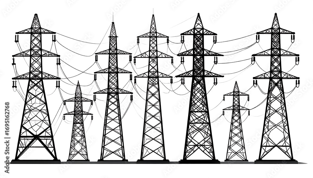 Line drawing of multiple power pylons Stock Photo | Adobe Stock