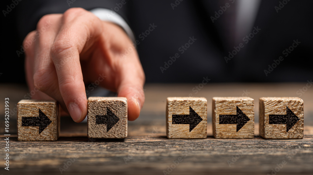 Hand is moving wooden blocks with arrows, symbolizing direction and ...