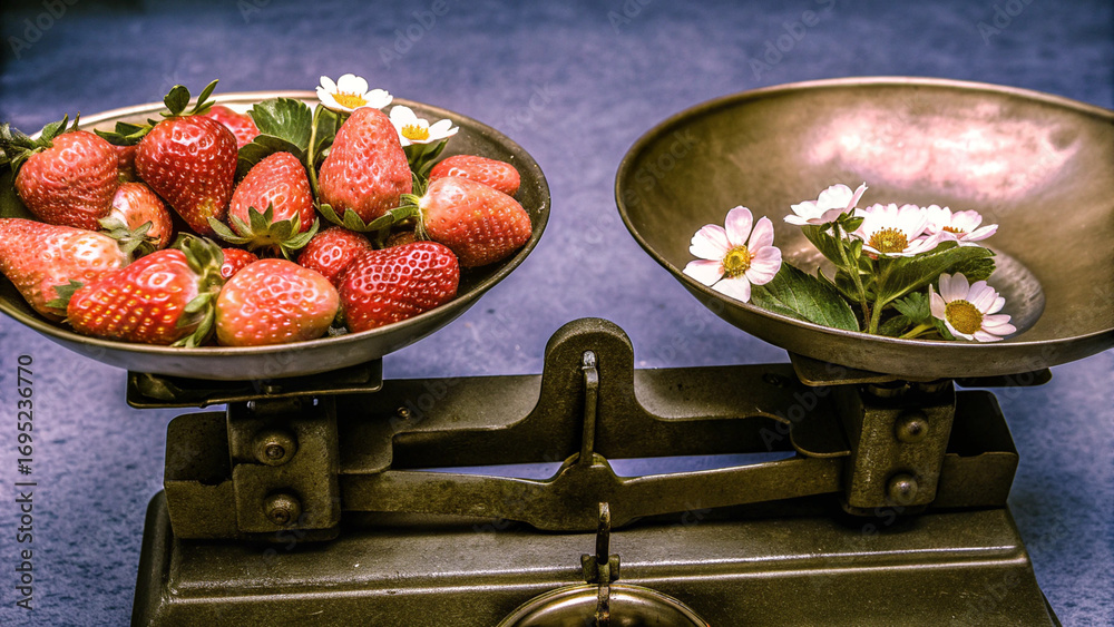 Fresh Strawberries and Daisies Balanced on Antique Scales Stock Photo ...