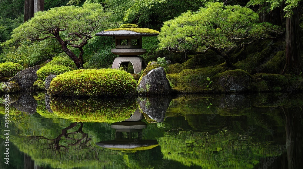 High Resolution Photo of Traditional Japanese Garden with Green Foliage ...