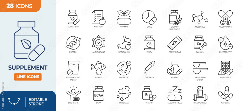 Supplement line editable icon set. Containing vitamin, nutritional ...