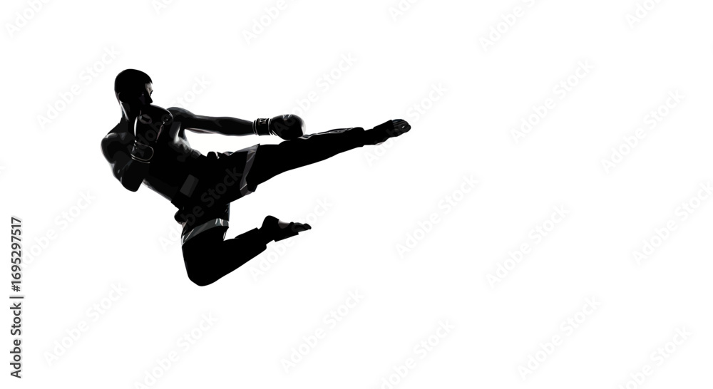 Dynamic silhouette of a kickboxer executing a flying kick with power ...