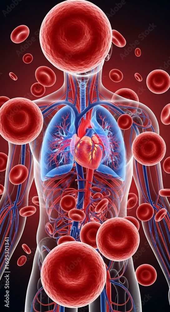Human circulatory system with red blood cells heart lungs and veins in ...