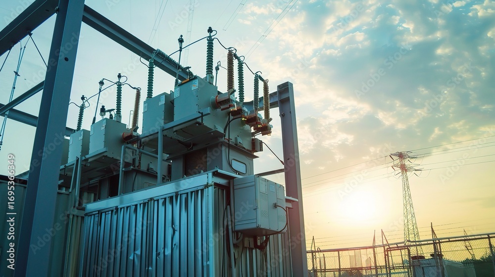 Power transformer with a robust metallic gray body and large cooling ...
