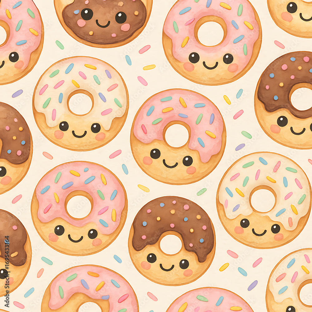 Seamless pattern with cute kawaii donuts with colorful sprinkles. Sweet ...