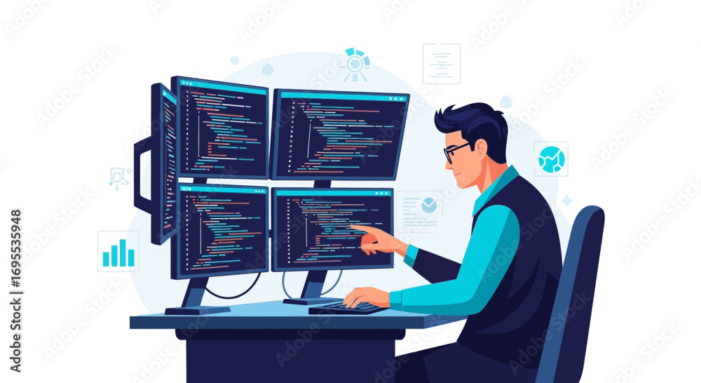 Expert Programmer Coding on Multiple Screens Amidst Data Analysis and ...