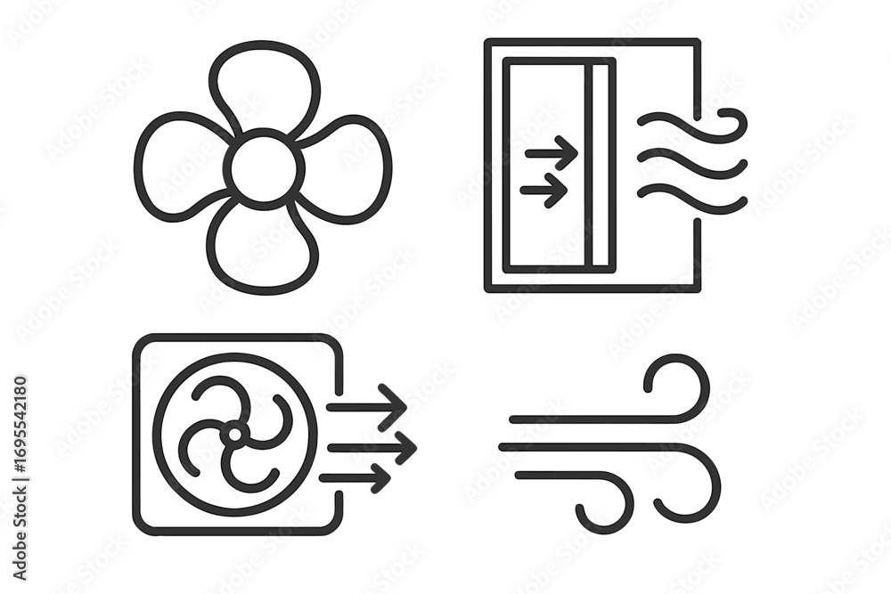 Simple airflow icons set. Fan, window ventilation, and wind symbols. Vector line art ...