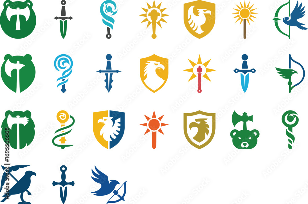 Dynamic fantasy icons heraldic crests shields swords axes bears eagles ...