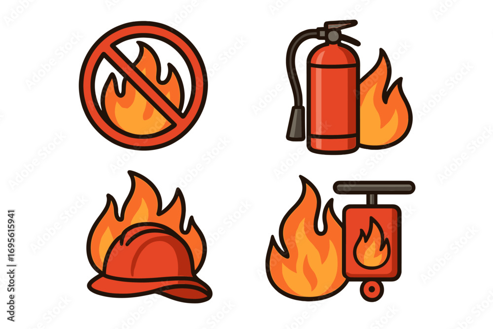 Fire safety icon set. Firefighter equipment cartoon collection. Fire ...