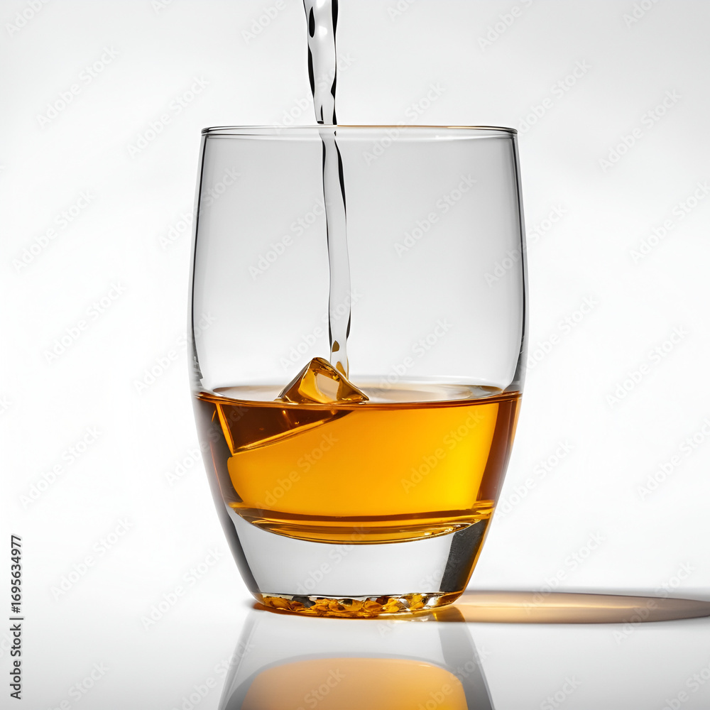 Sip of amber liquid in a clear glass on a neutral surface on a ...
