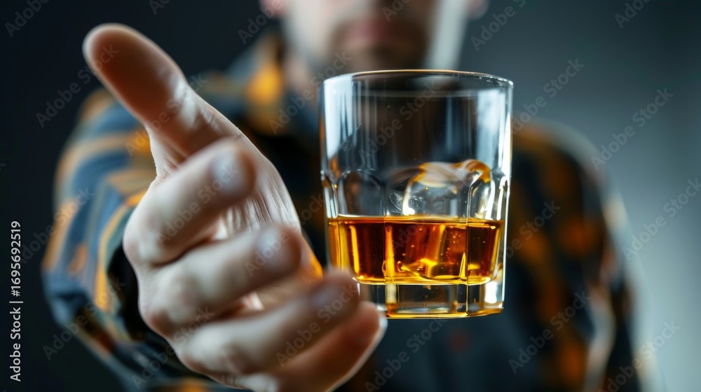 man refuses say no and avoid to drink an alcohol whiskey , stopping ...