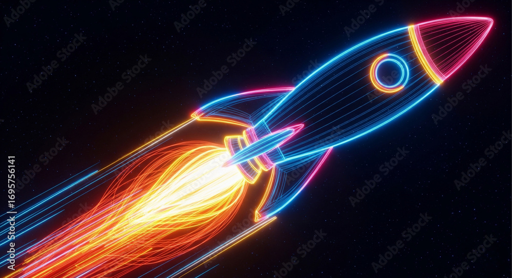Neon rocket ship launching into space with bright flame trails against ...