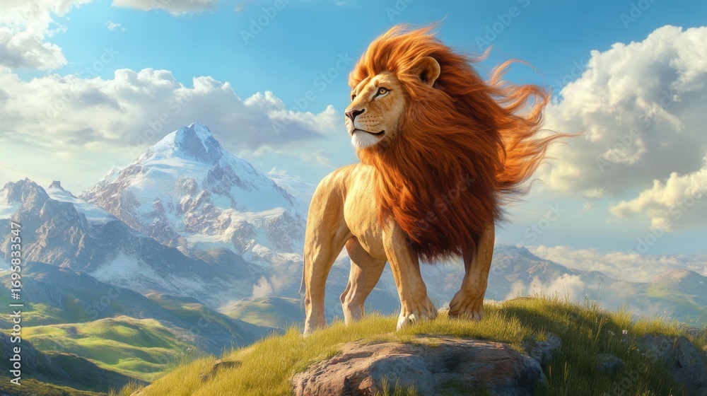 strong and bold lion with a large orange mane blowing in the wind ...