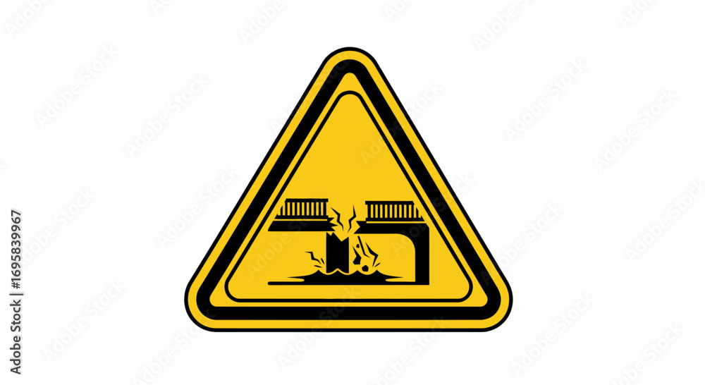 Warning sign depicting a collapsing bridge over water, signaling danger ...
