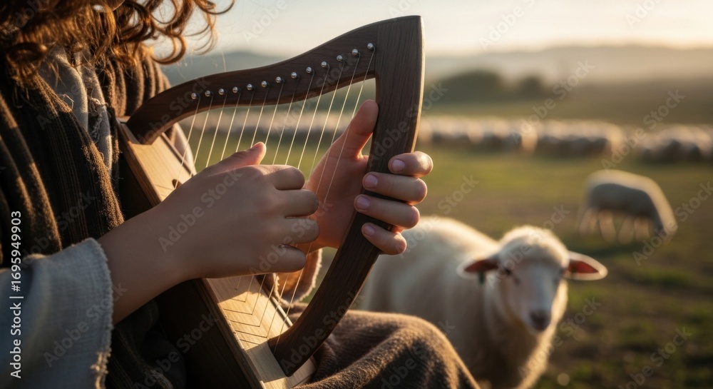 Shepherd boy David playing harp for his flock. Biblical character David ...
