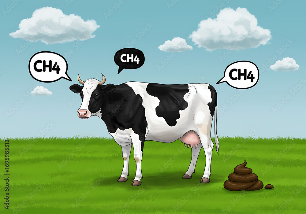 An illustration depicting a cow emitting methane gas (CH4) from both ...