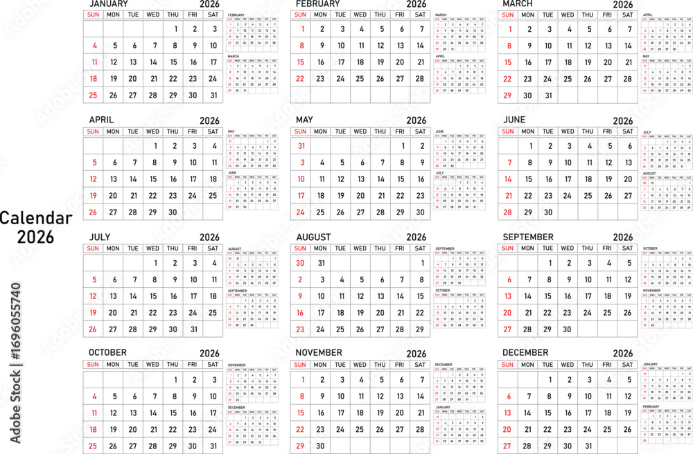 Calendar 2026 year vector illustration. Planner 2026. Simple planner ...