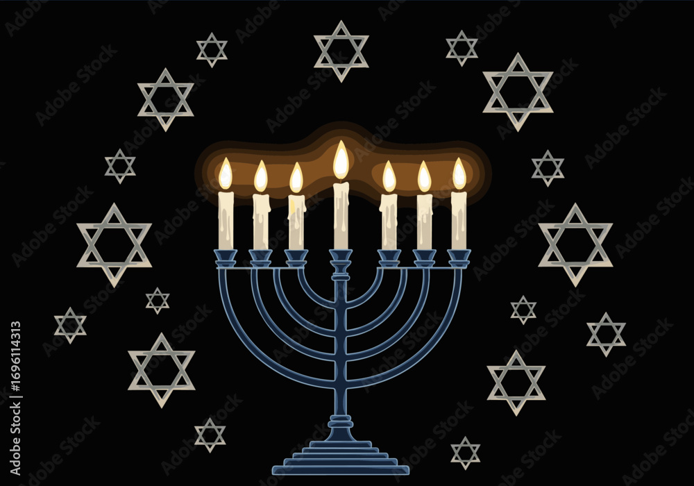 Beautiful hanukkah menorah illuminated with seven burning candles ...