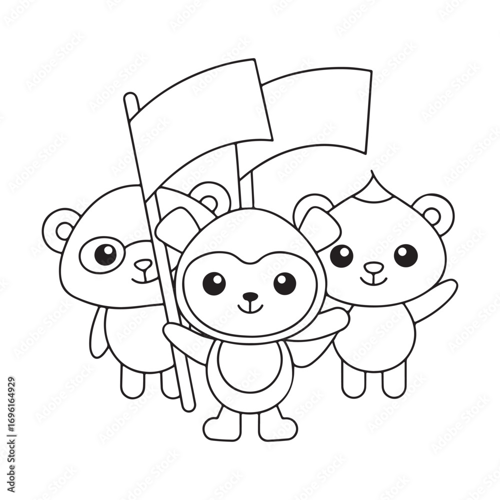 Outline drawing of three cute monkeys holding blank flags animals ...