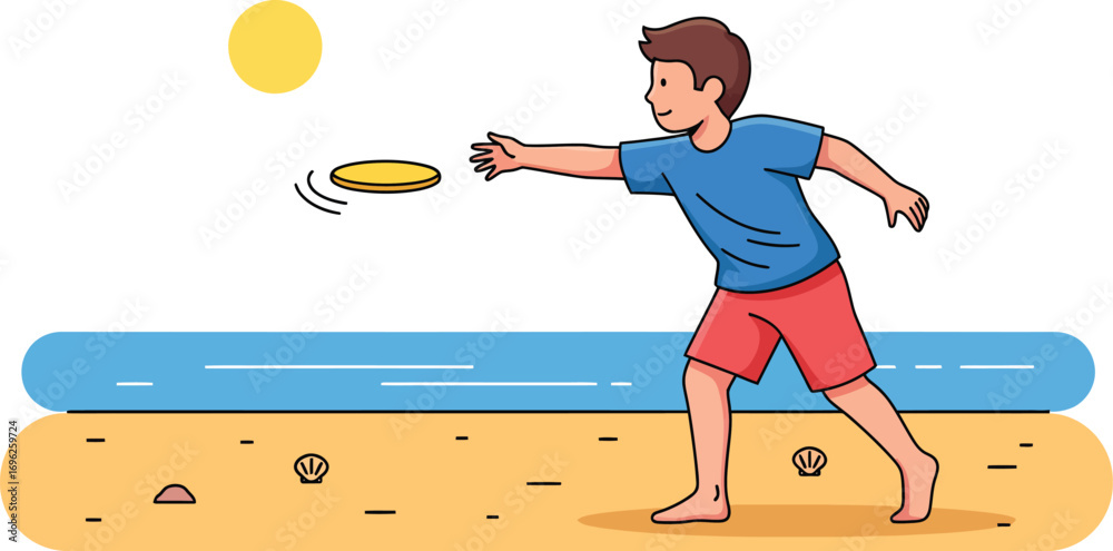 Cartoon illustration of a young boy throwing a yellow frisbee. Stock ...