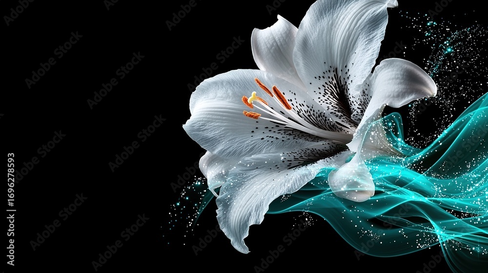 A white flower on black background with blue and white swirls and ...