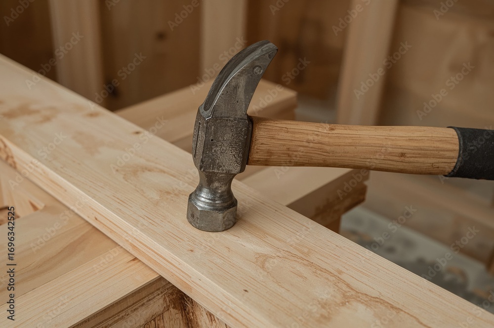 Wooden plank with a hammer and nail Stock Photo | Adobe Stock