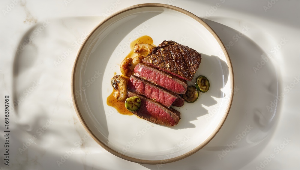 Very rare pan-seared beef fillet with mushrooms and zucchini on a ...