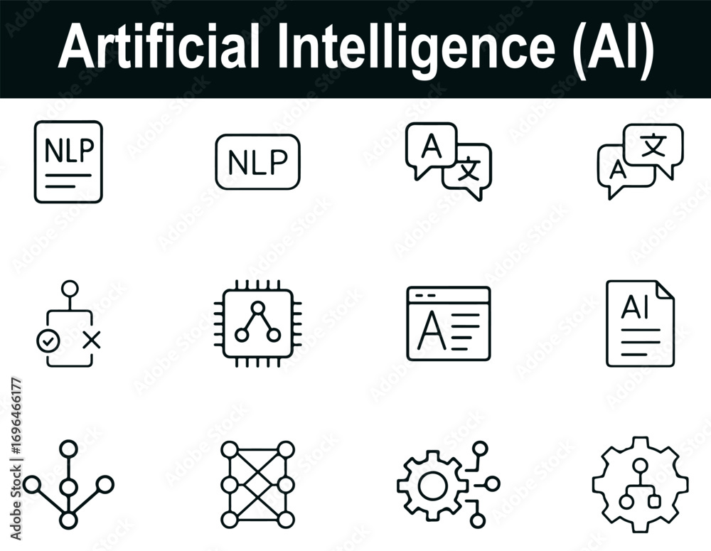 เวกเตอร์ Stock "Artificial Intelligence Icon Set – 12 Labeled Symbols ...