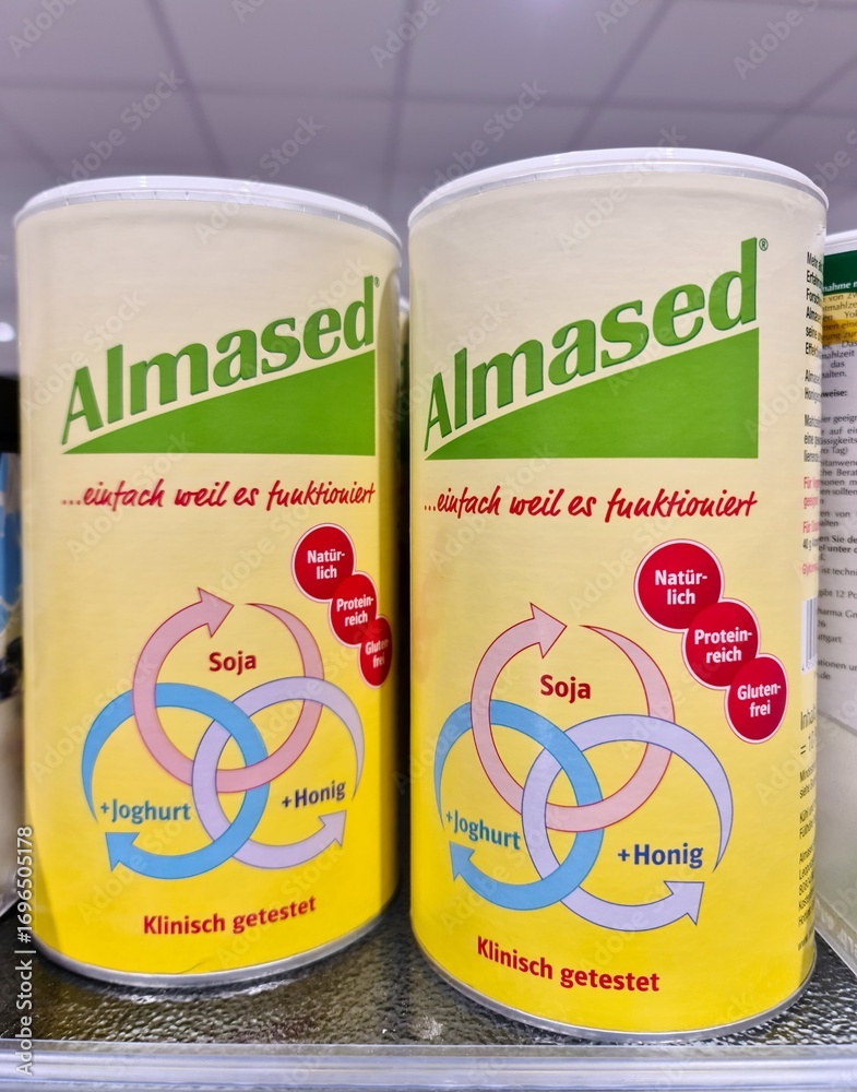 Kiel, Germany - 08. September 2025: Almased cans showing ingredients ...