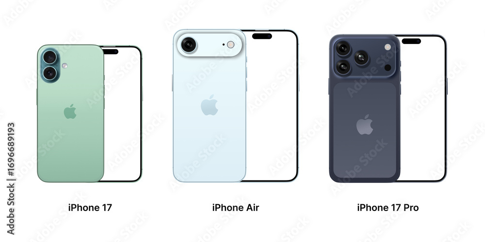 Apple iPhone 16e, iPhone 17 Air, and iPhone 17 Pro in PNG format with ...