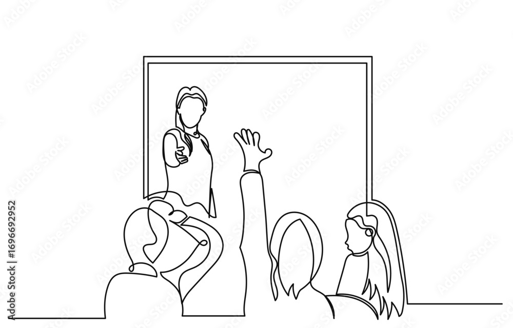 continuous line drawing of a teacher in front of a board engaging with ...