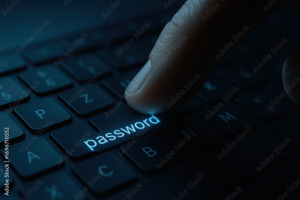 Finger pressing illuminated password key on keyboard highlighting multi ...