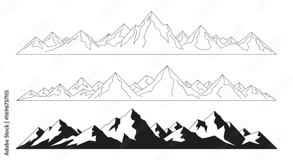 Stylized mountain ranges silhouette and line art illustrations for outdoor adventure themes ...